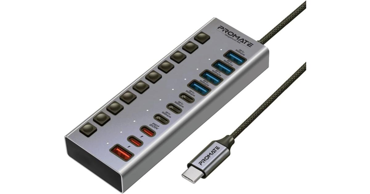 Promate GegaHub-5G 10 in 1 USB-C Multiport Hub, 3 USB-C and 4 USB-A ...