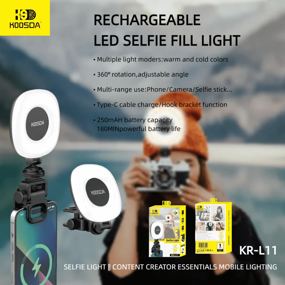 KOOSDA KR-L11 Rechargeable LED Selfie Fill Light | Clip-On Phone Light ...