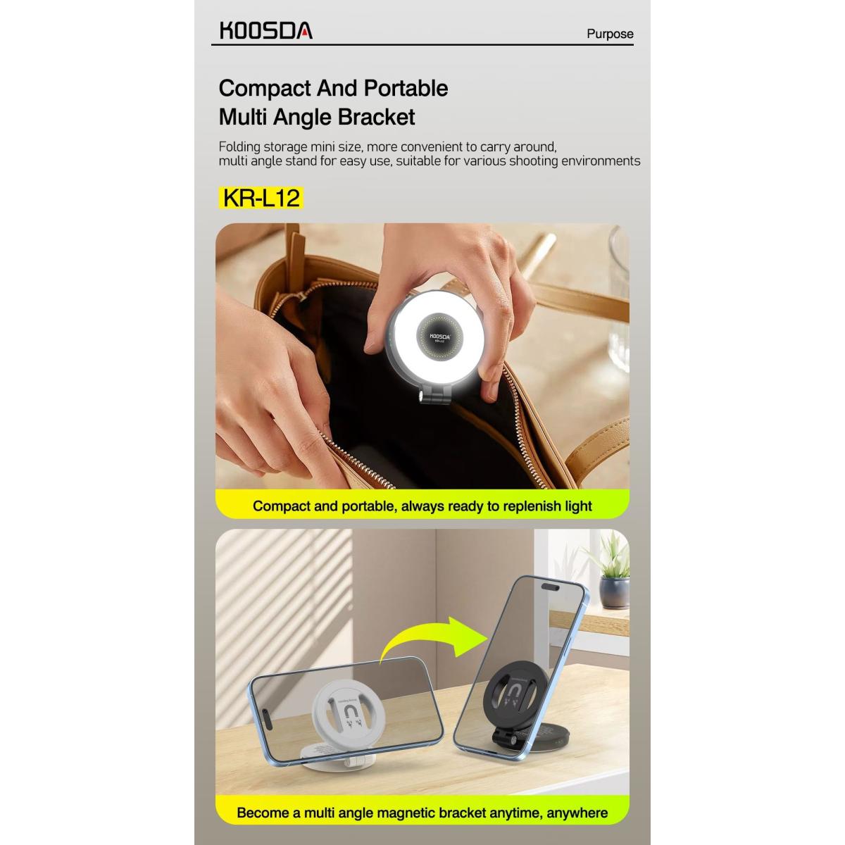 KOOSDA KR-L12 Magnetic Selfie Light Portable USB Rechargeable ...